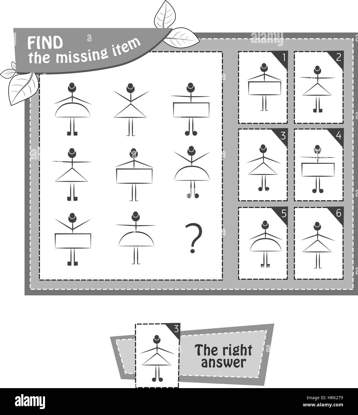 visual game, coloring book for children. Task: find the missing item ...
