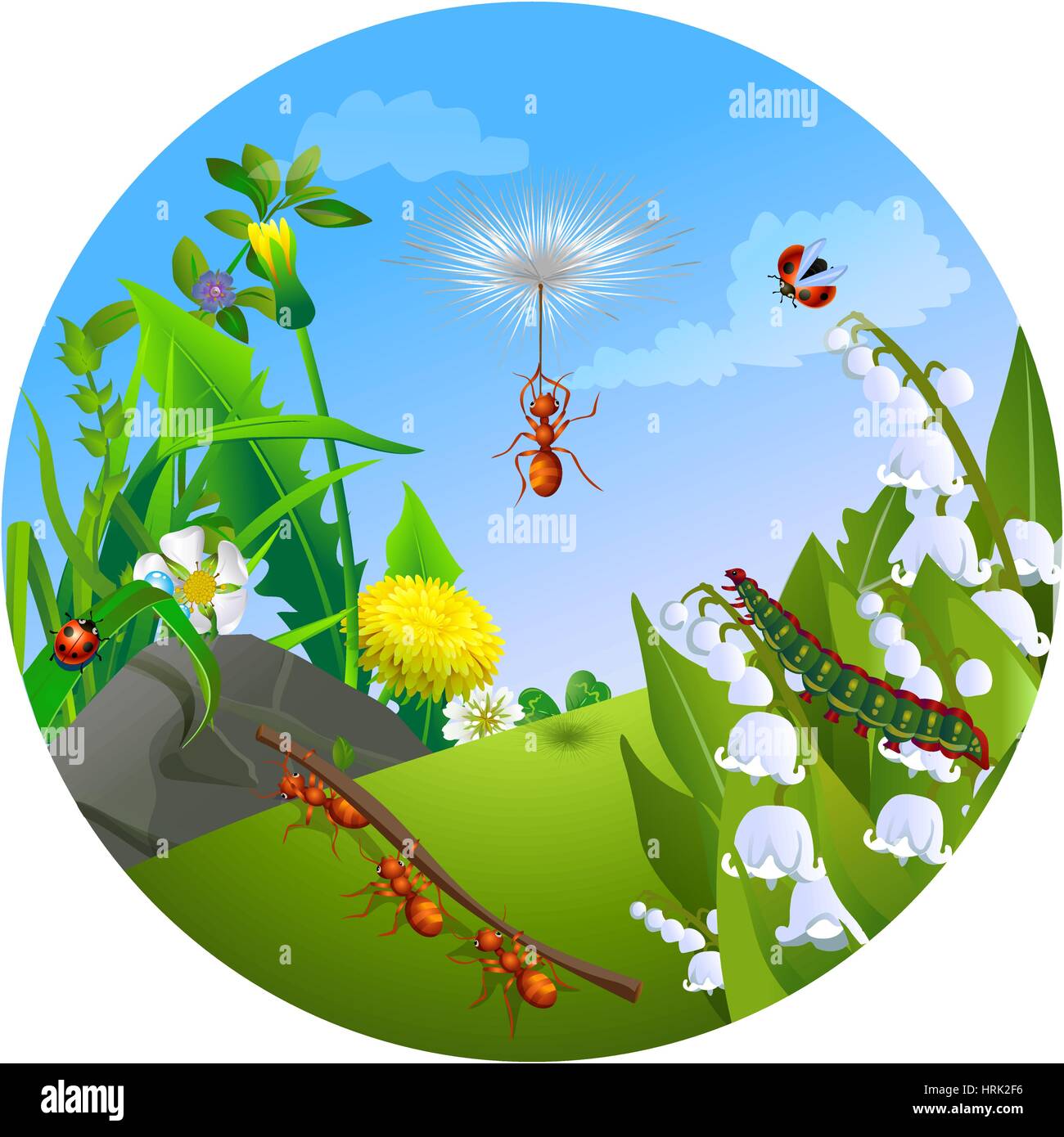 vector children's illustration of nature, in the form of insect life in ...