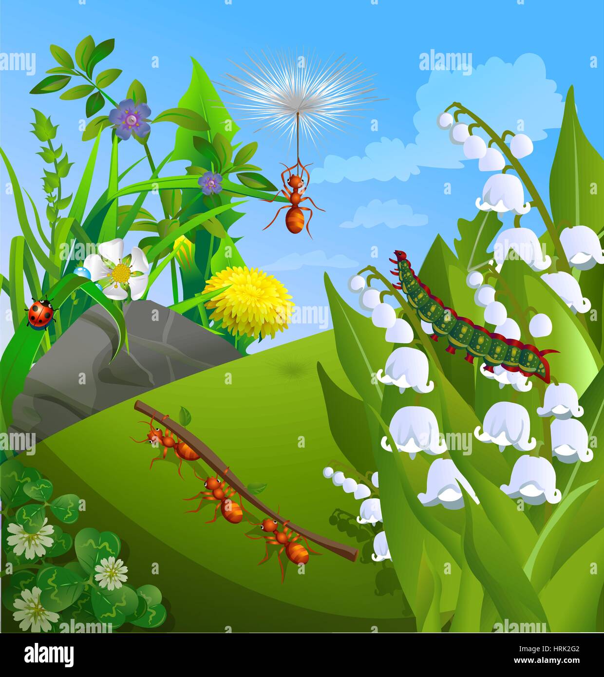 vector children's illustration of nature, in the form of insect life in ...