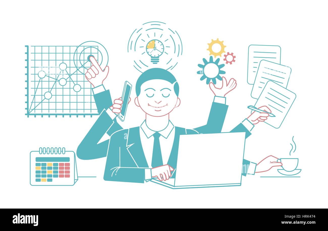 Businessman with multitasking and multi skill. Keep calm. Business ...