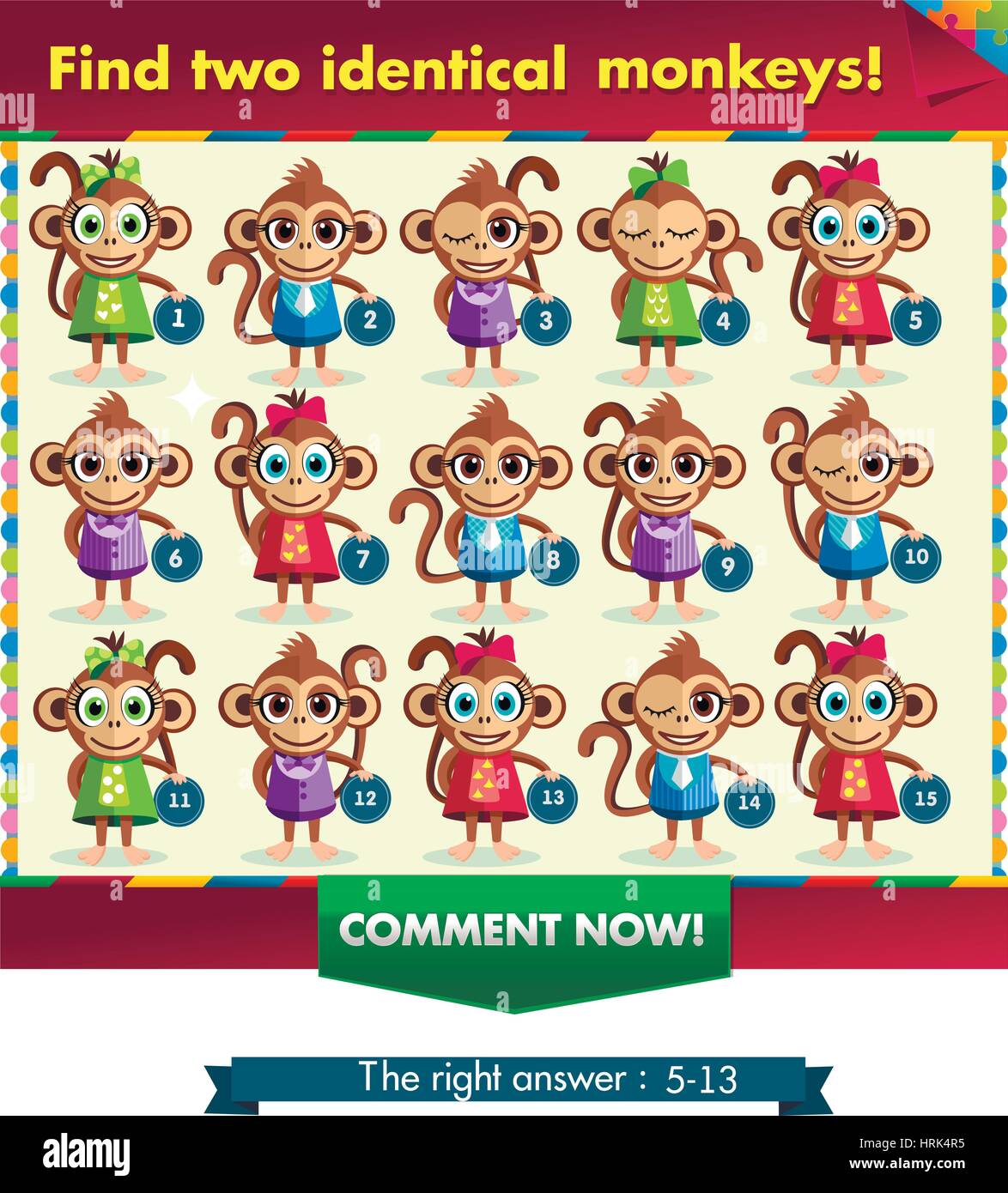 Visual Game for children. Task: find two identical monkey! Answer: 5 ...
