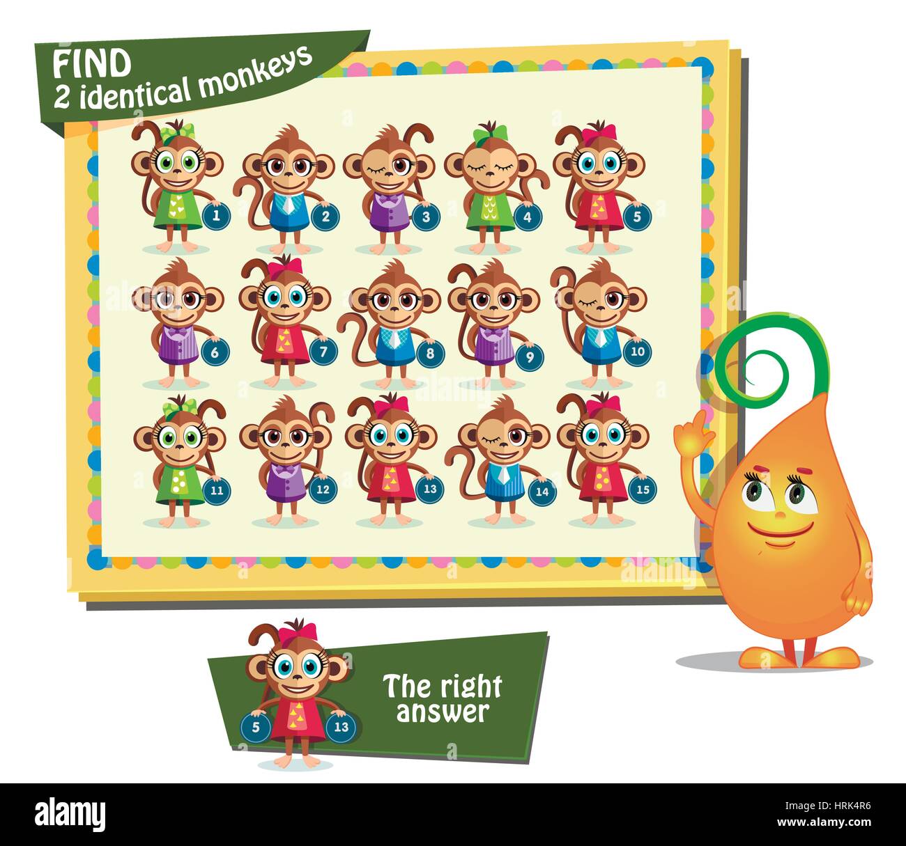 Visual Game for children. Task: find two identical monkey! Answer: 5 ...