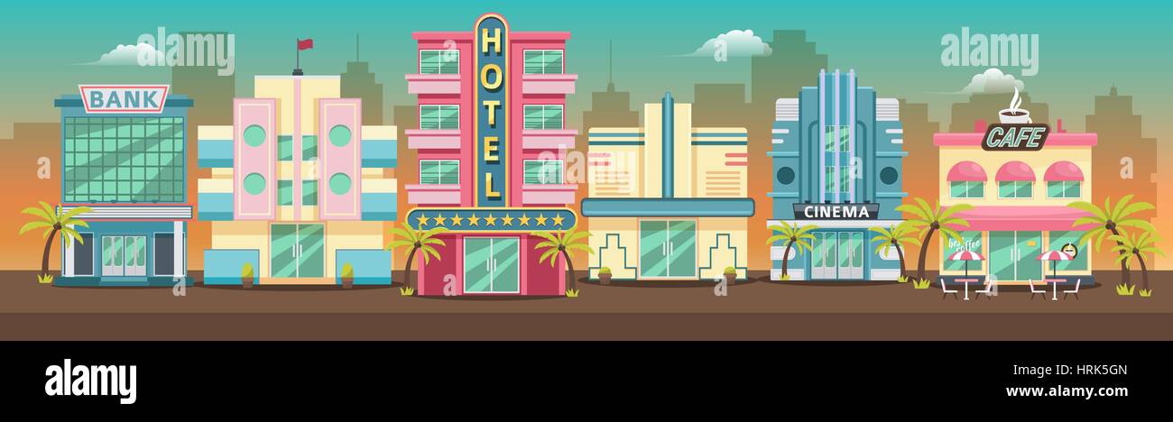 Old city retro Miami skyline panorama at sunset. Banner for site Stock ...