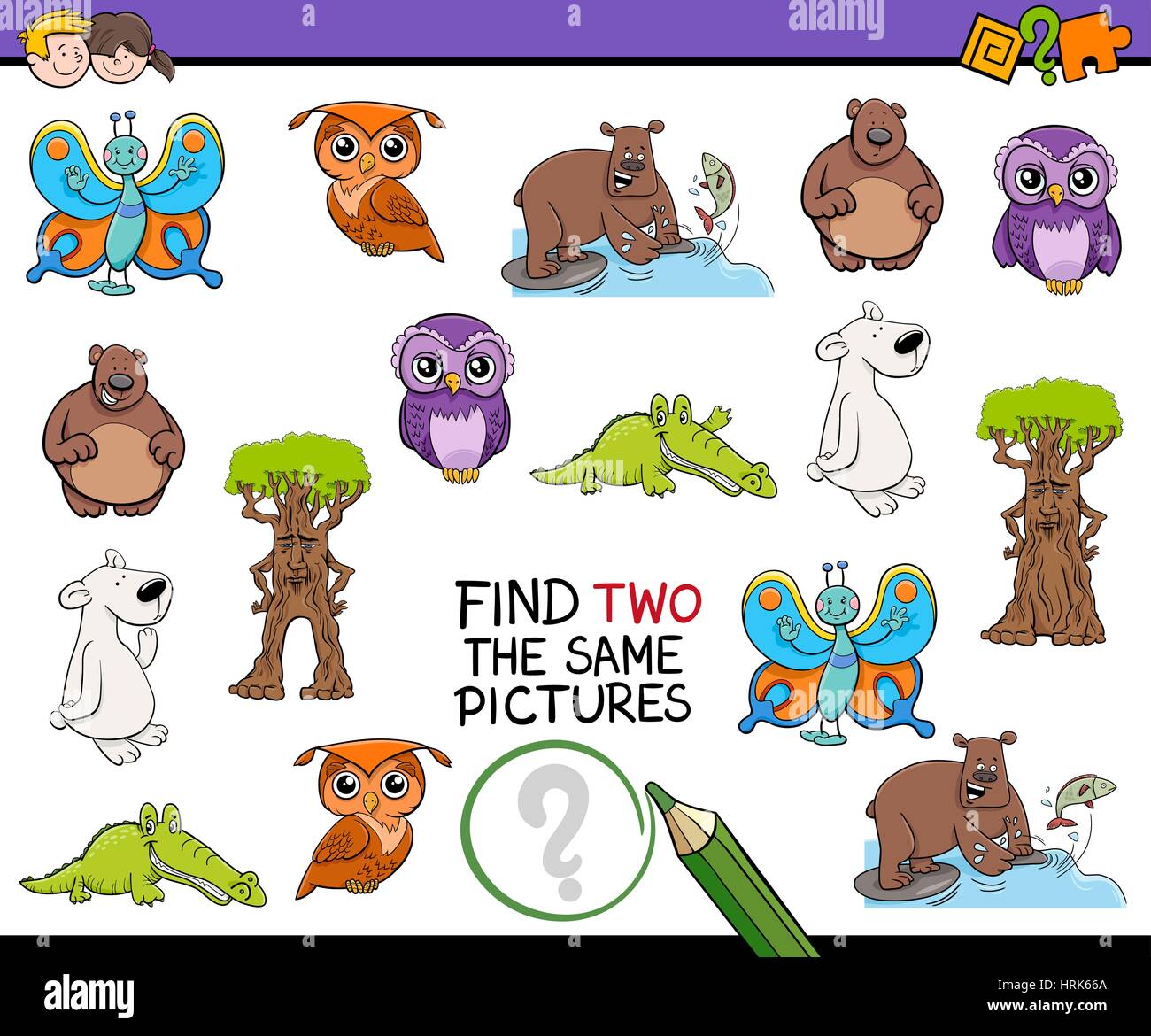 Cartoon Illustration of Finding Two Identical Pictures Educational Game ...