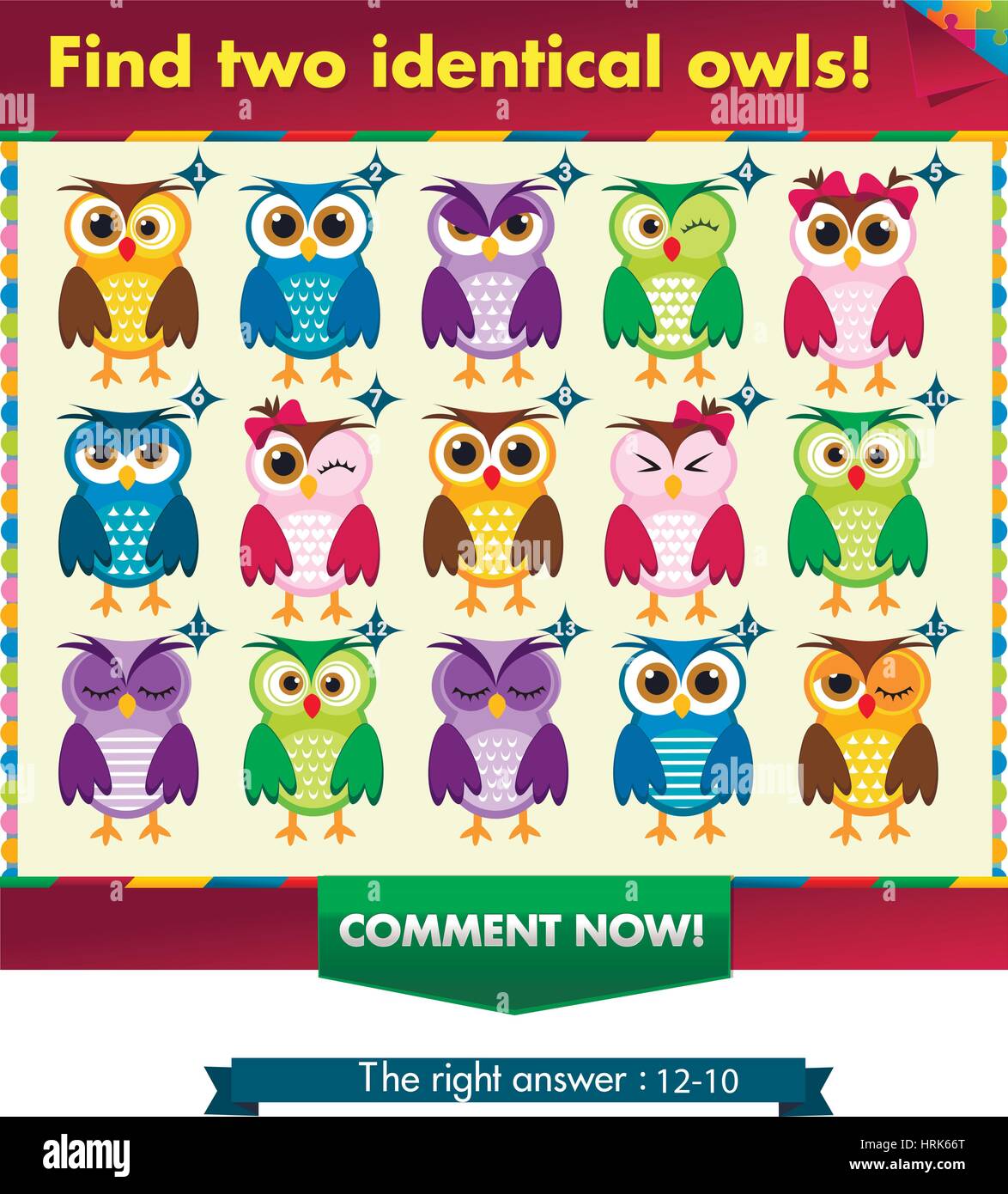 Visual Game for children. Task: find two identical owls! Answer: 10 and ...