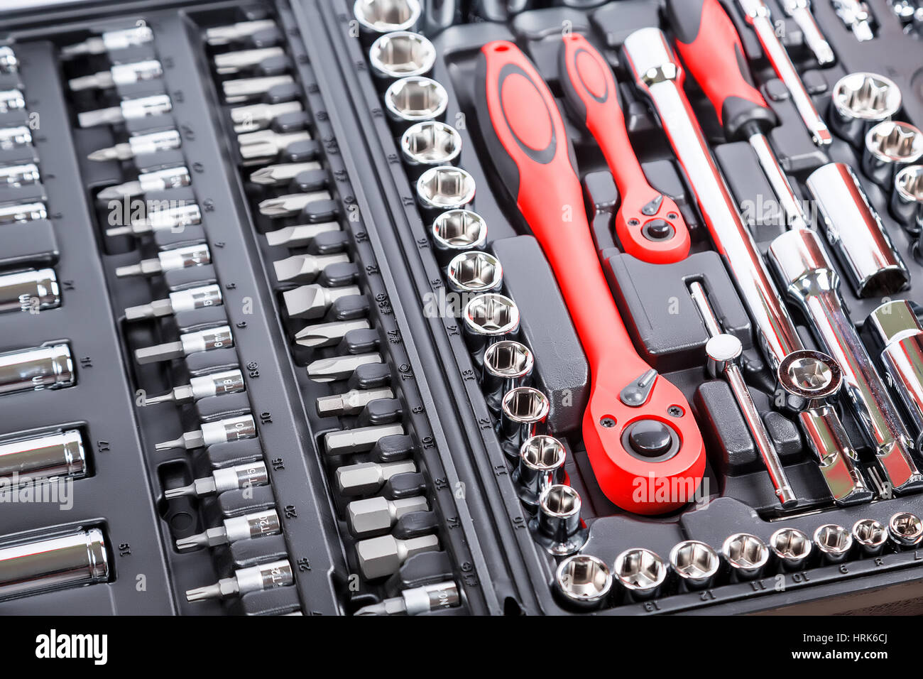 Set of hand tools. Many wrench and tools close-up in box for to repair ...