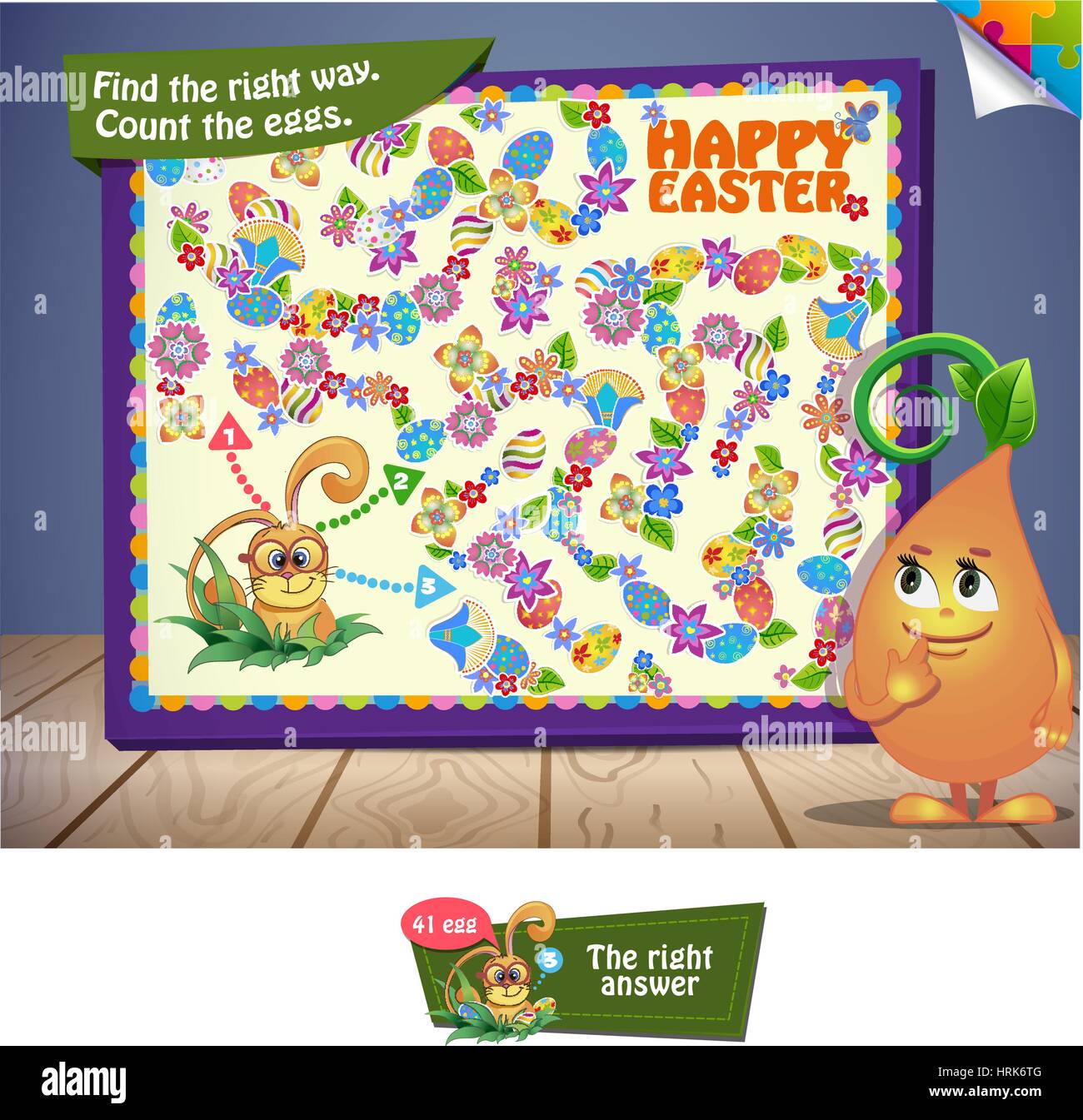 Visual Game for children. Find the right way. Count the Easter eggs ...