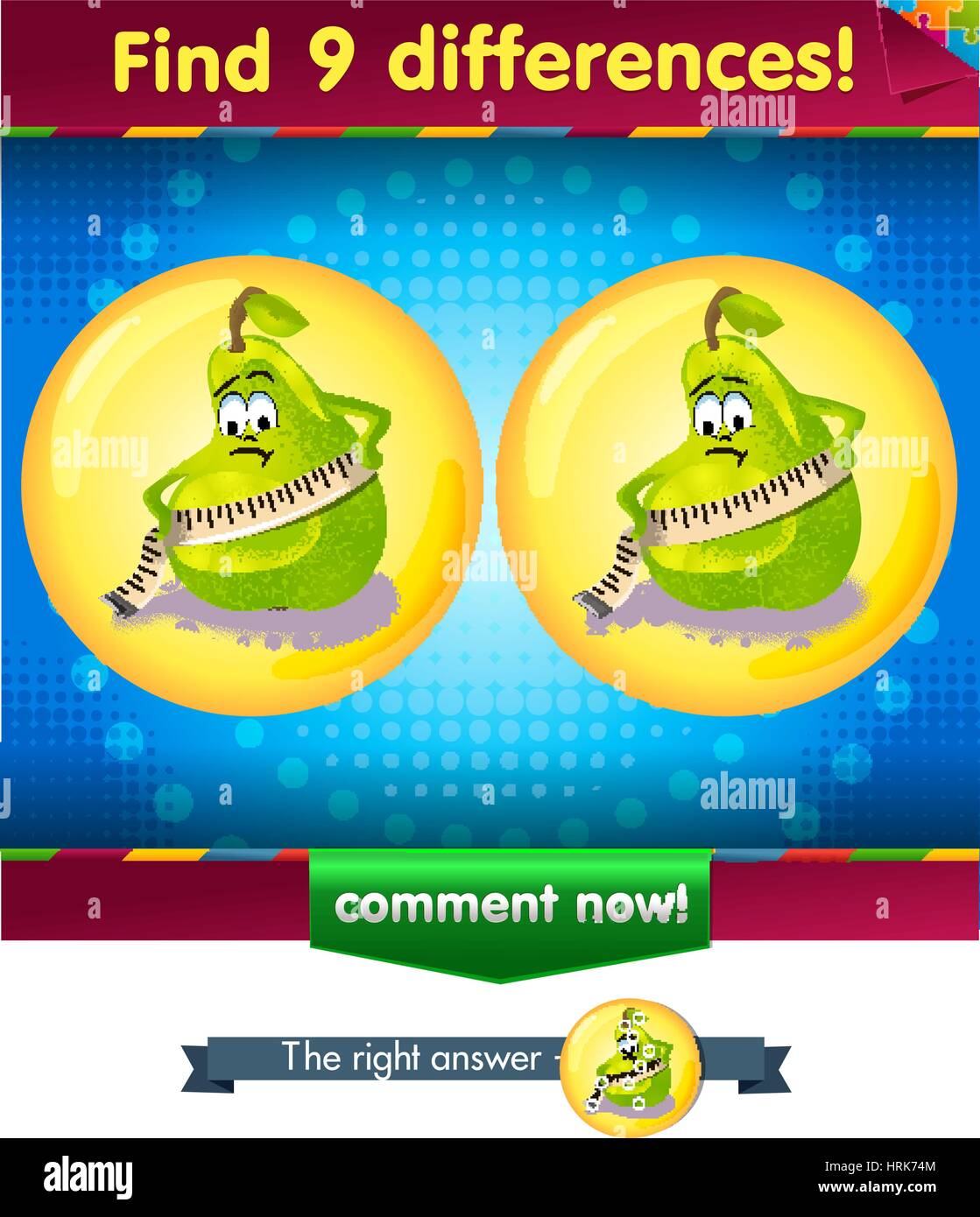 Visual Game for children. Find 9 differences the funny pear Stock ...