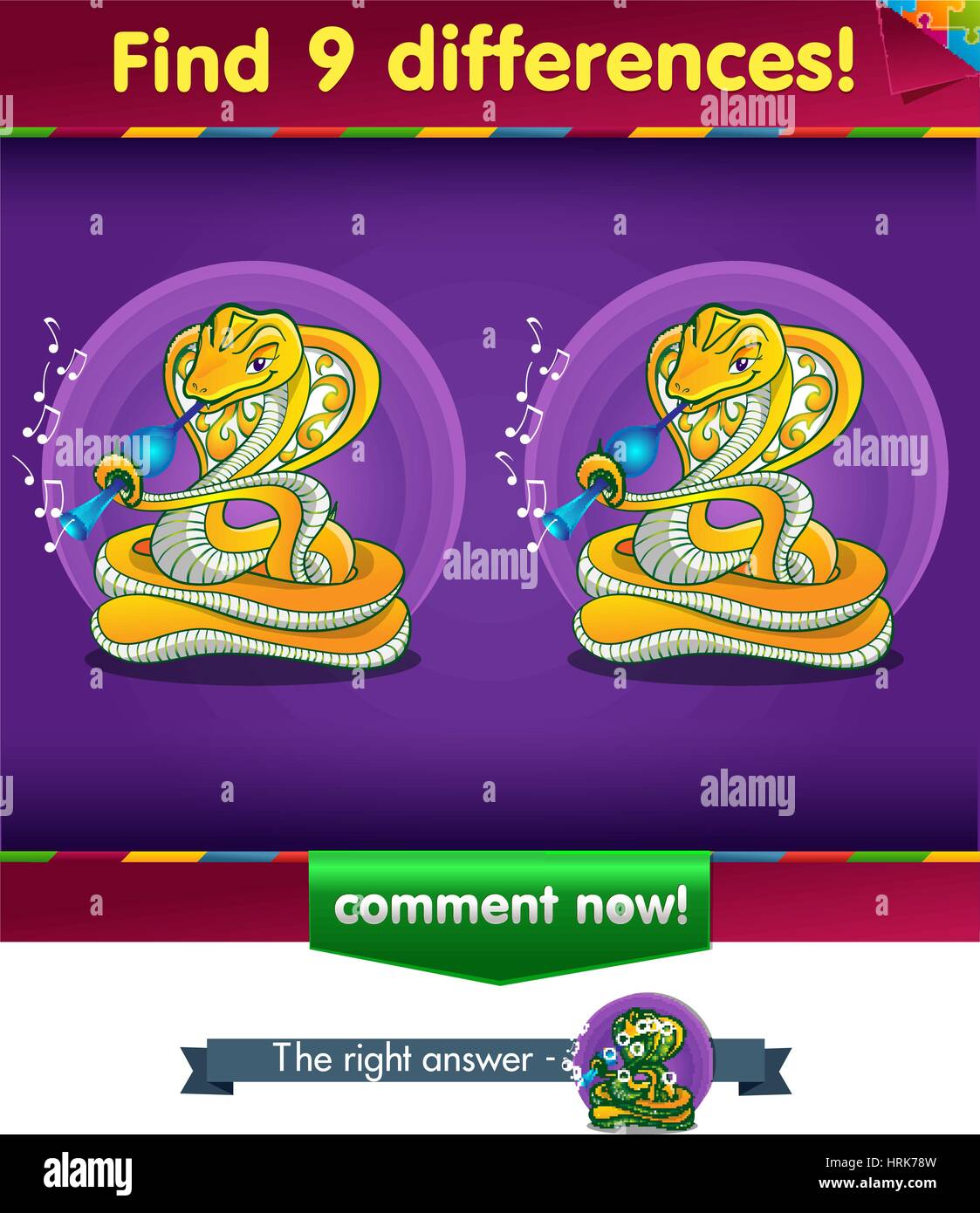 Visual Game for children. spot 9 differences snake Stock Vector Image ...