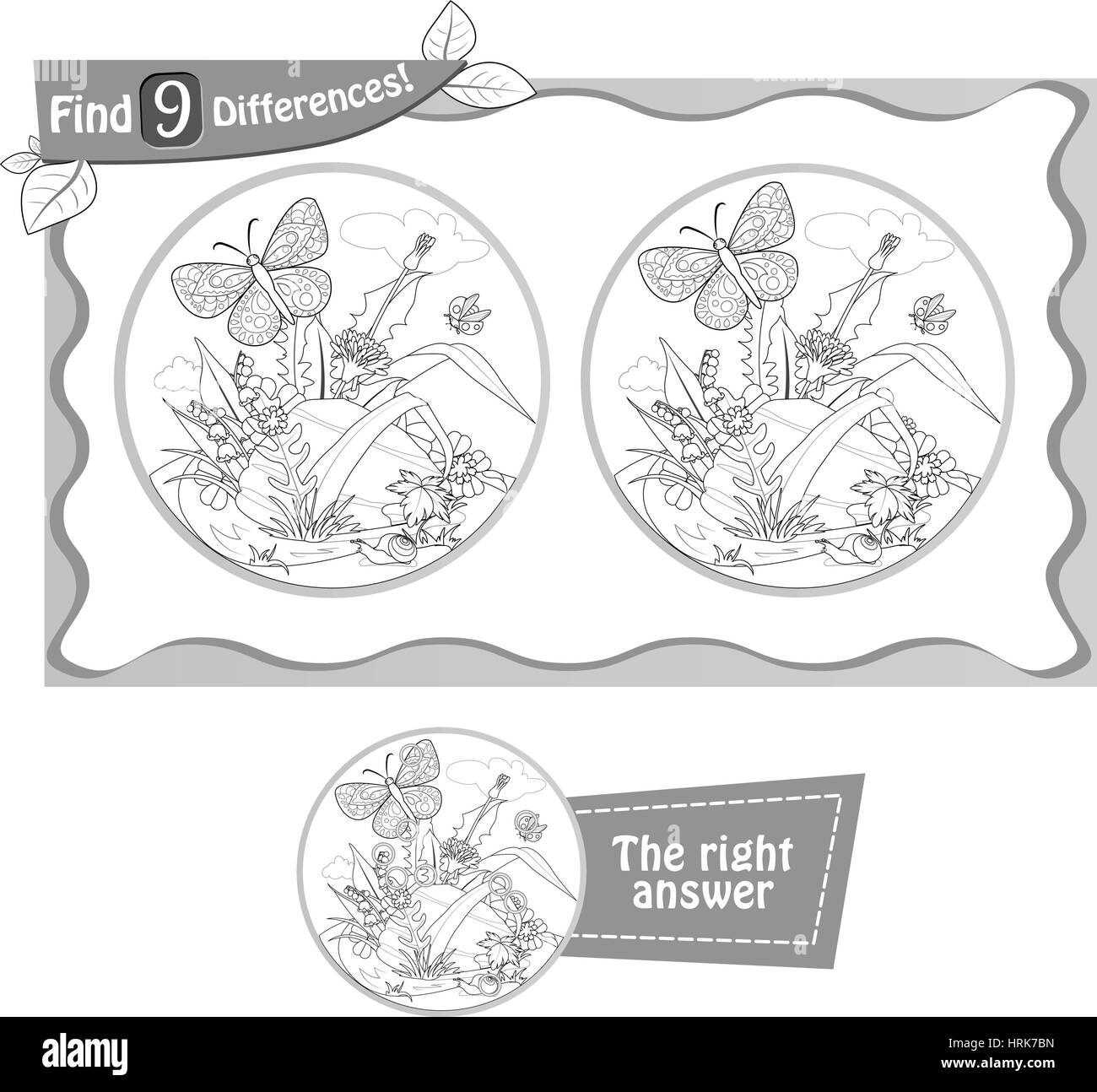 visual game, coloring book for children and adults. Task to find 9 ...