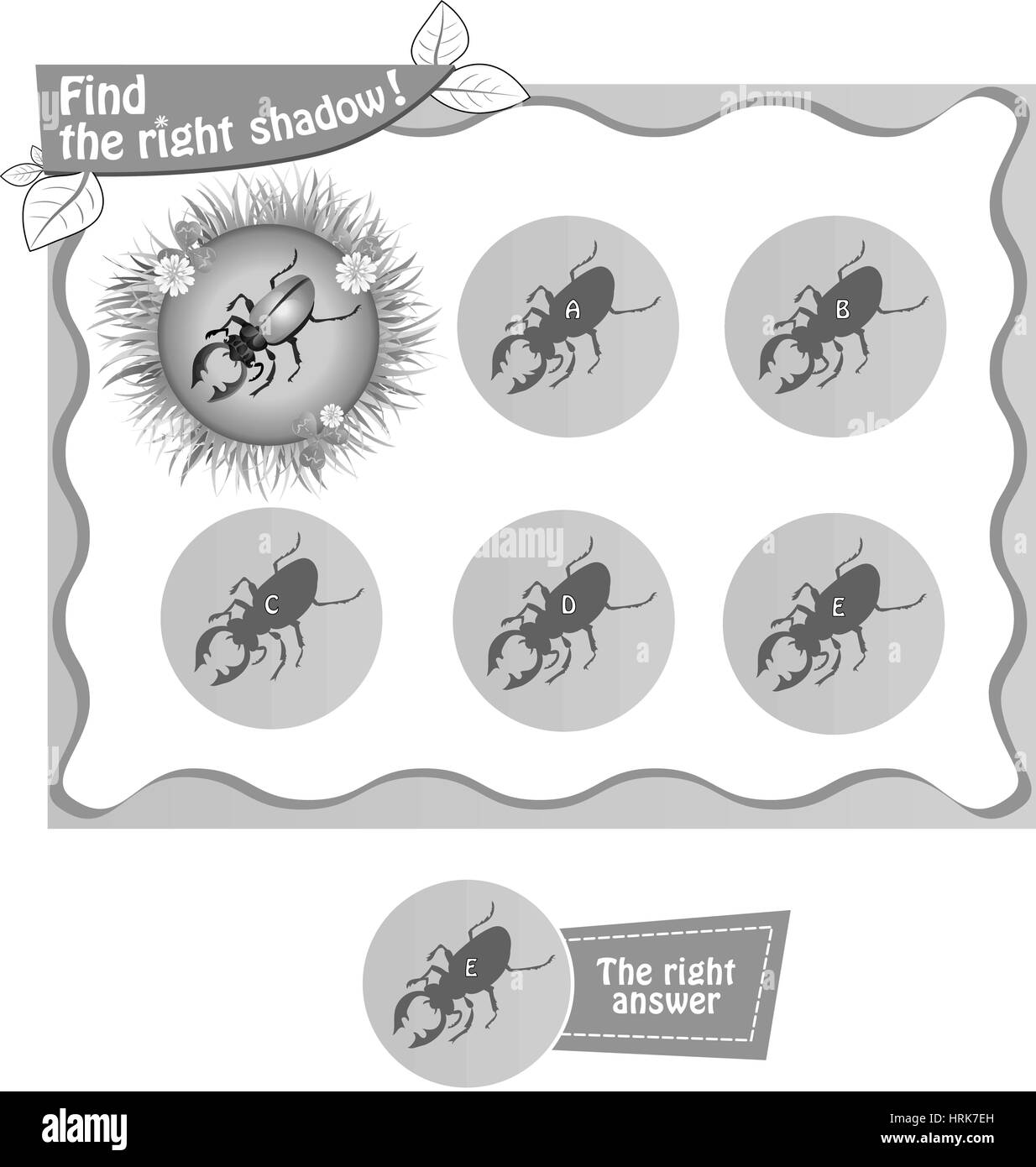 visual game for children and adults. Task the find right shadow beetle ...