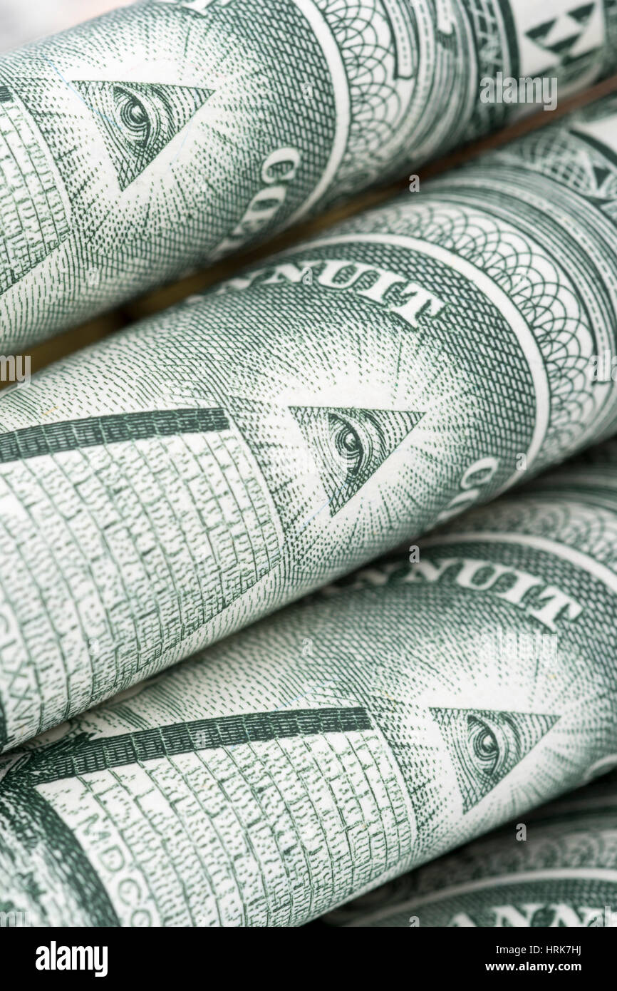 Close detail macro photo of US $1 / One Dollar banknote / bill & Eye ...