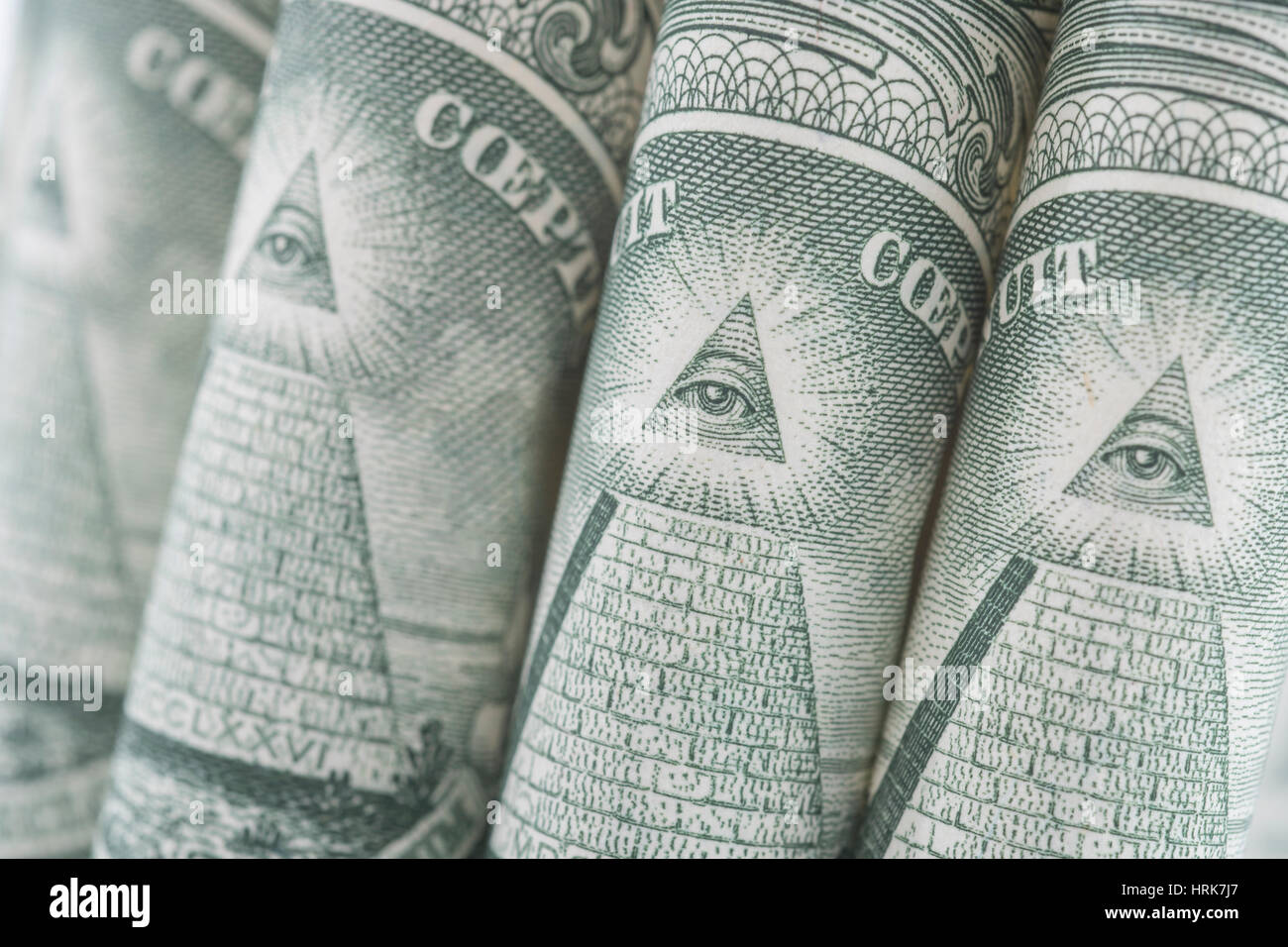 Close detail macro photo of US $1 / One Dollar banknote / bill & Eye ...