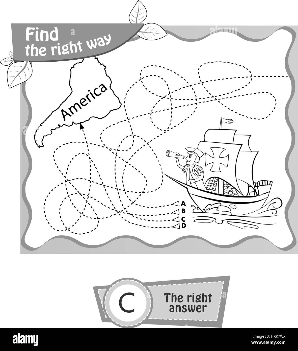 visual game, coloring book for children. Columbus Day. Find the right ...