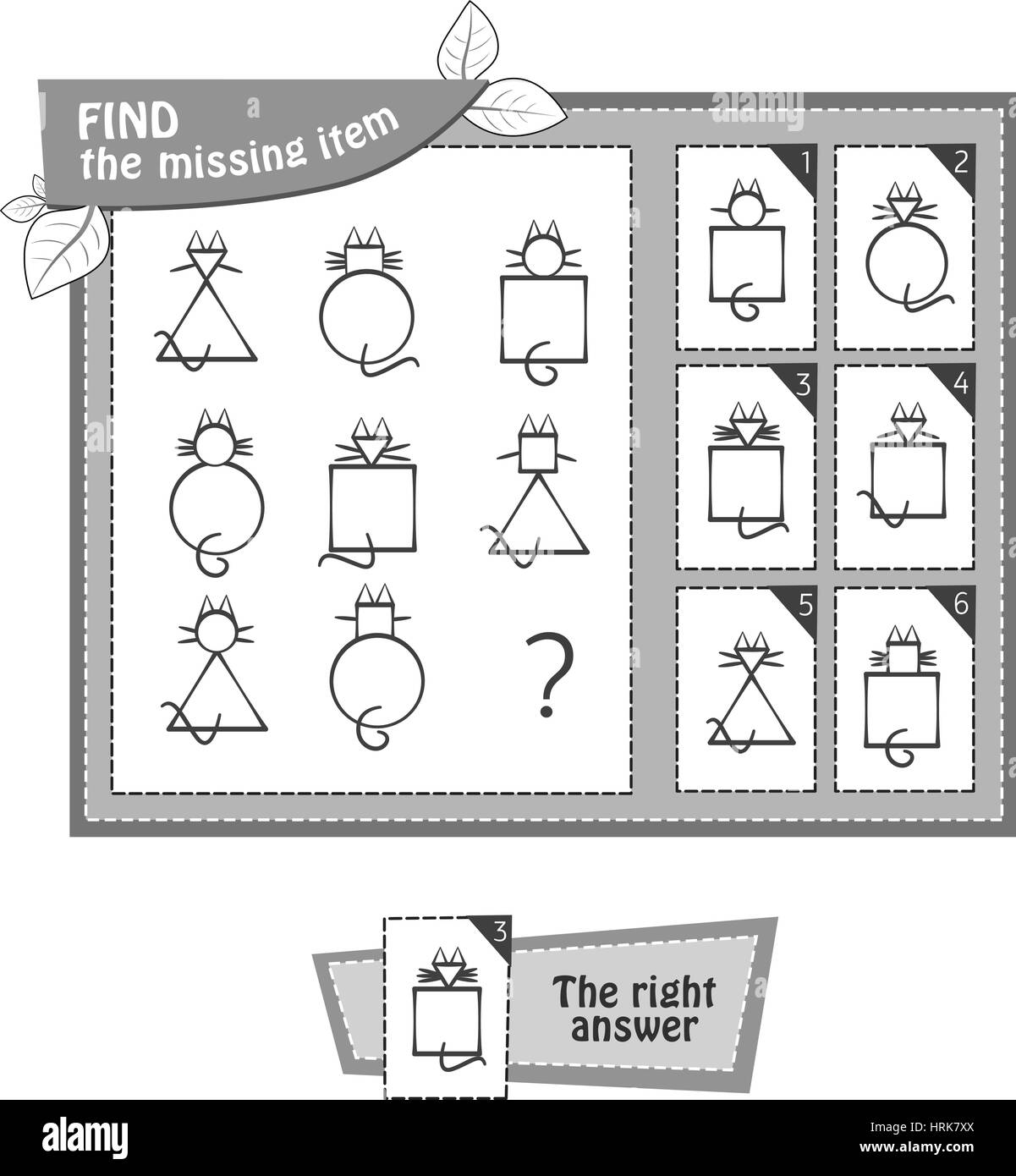 visual game, coloring book for children. Task: find the missing item ...