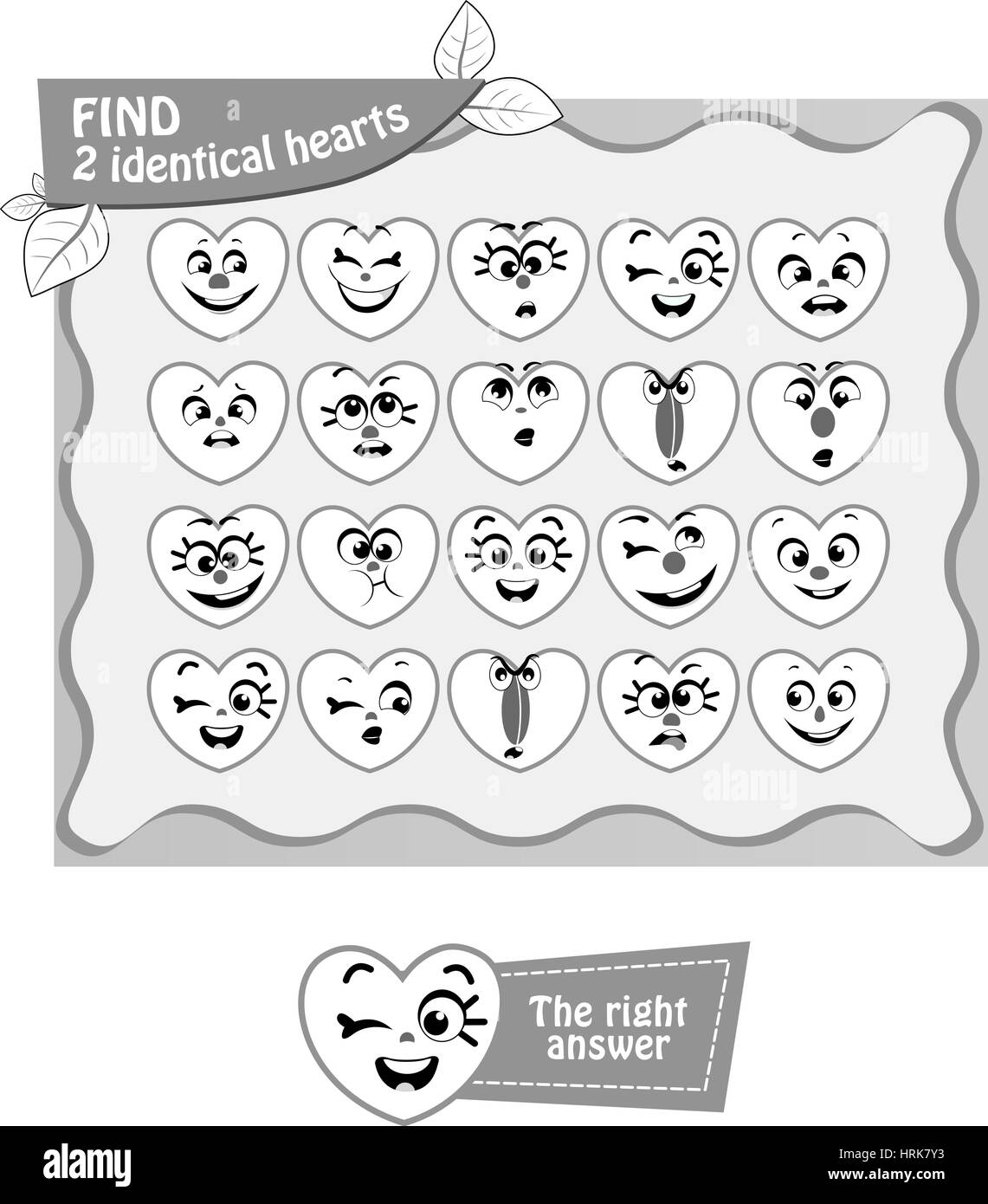 visual game, coloring book for children. Task: Find 2 identical hearts ...