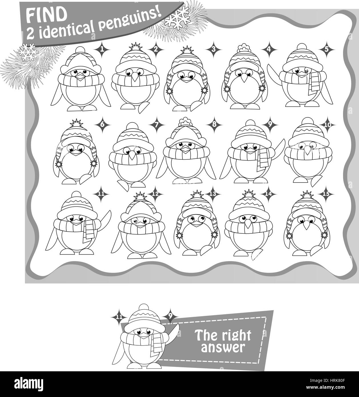 visual game, coloring book for children. Task: Find 2 identical ...