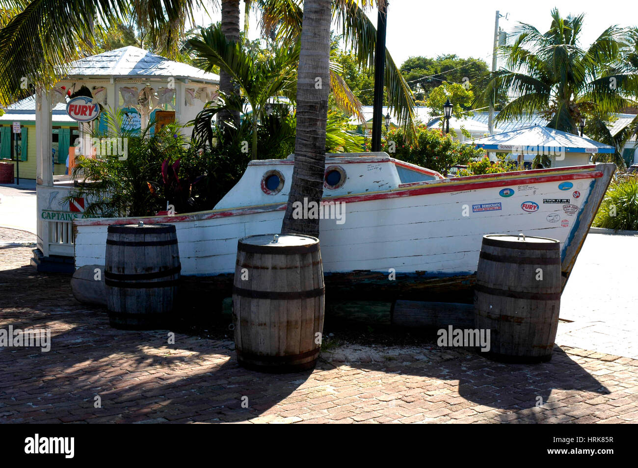 old wood boat on land as a landmark Stock Photo - Alamy