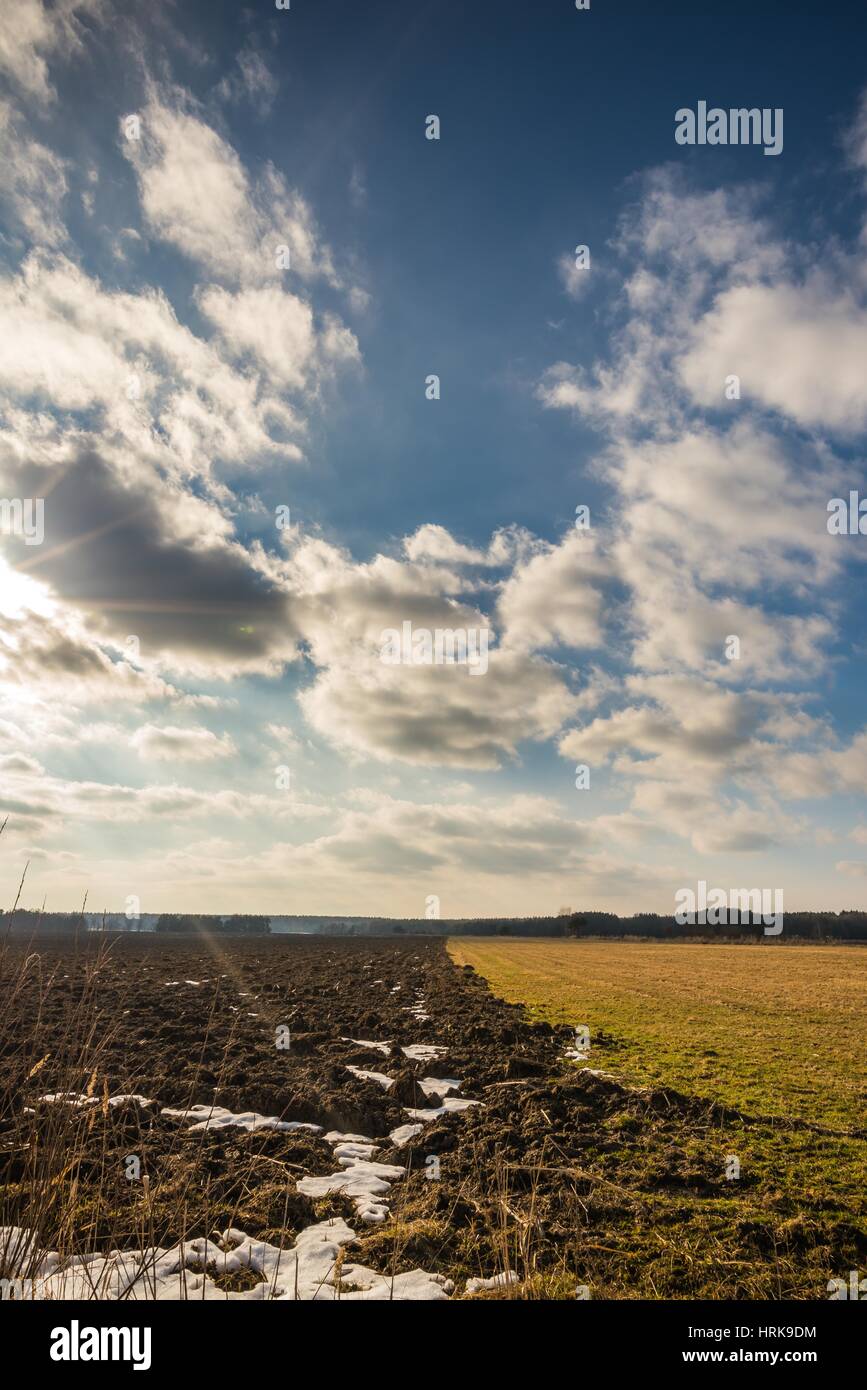Vertical photo of early spring landscape with dramatic cloudy blue sky ...