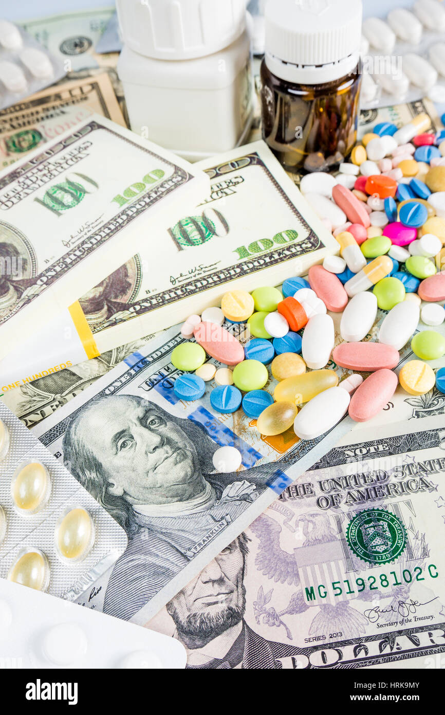 medication concept. Medicine pills with money dollar. Cost of the ...