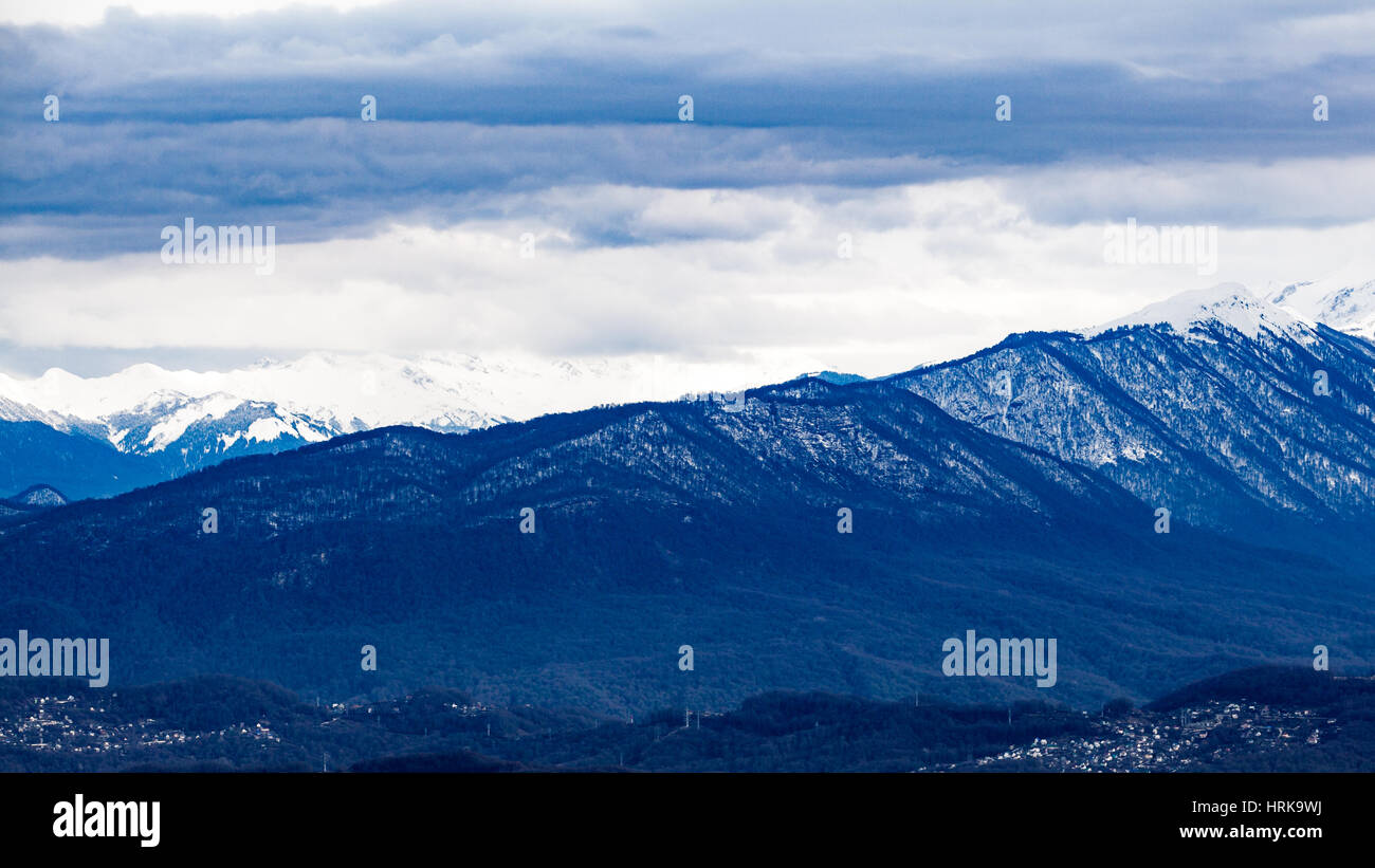 Winter mountains. View from the observation tower of Akhun mountain ...