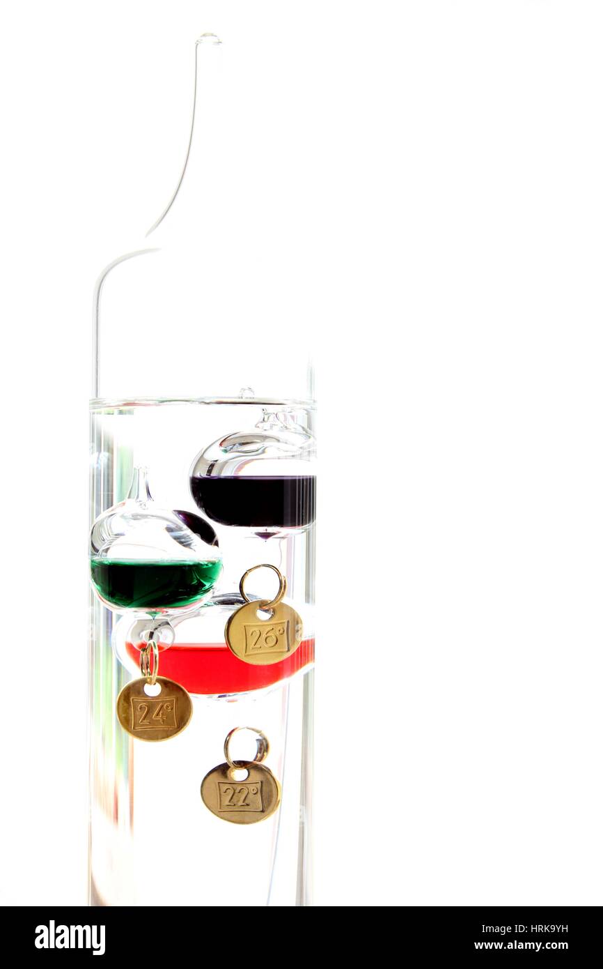 Galileo thermometer with glass balls isolated on white showing ...