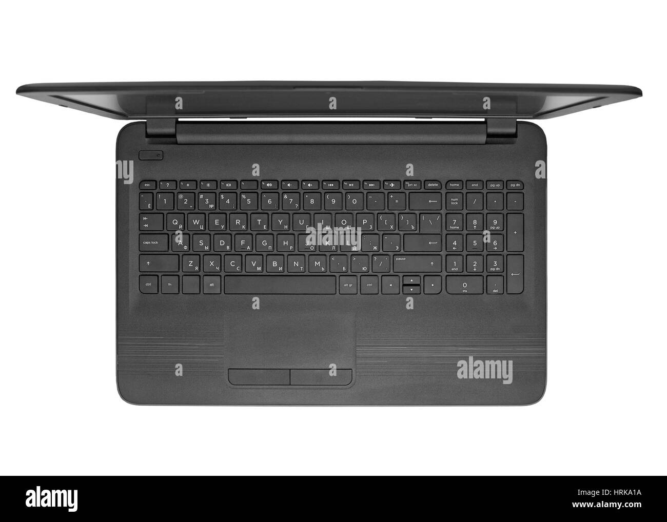 Keyboard of the opened black laptop. Top view. Laptop isolated on white ...