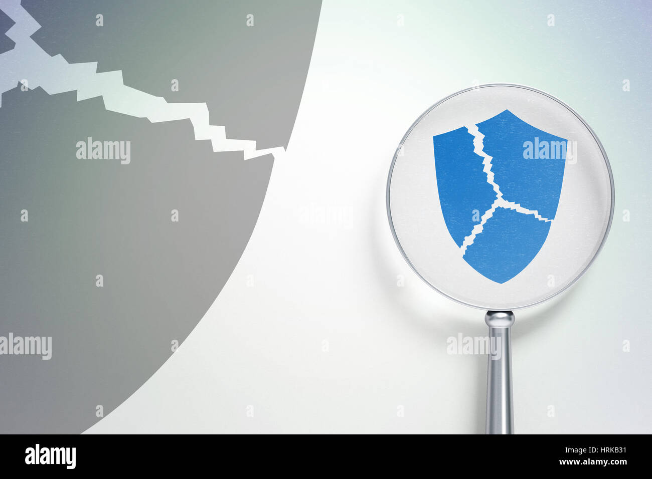 Security concept: Broken Shield with optical glass on digital ...