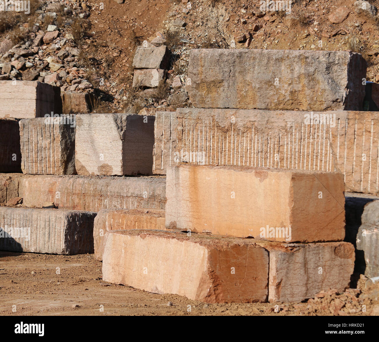 huge marble quarry with many big blocks of red marble extracted from ...