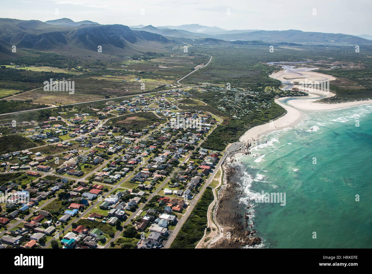 Aerial shot of Franskraal and the Uikraais River, Gansbaai, South ...
