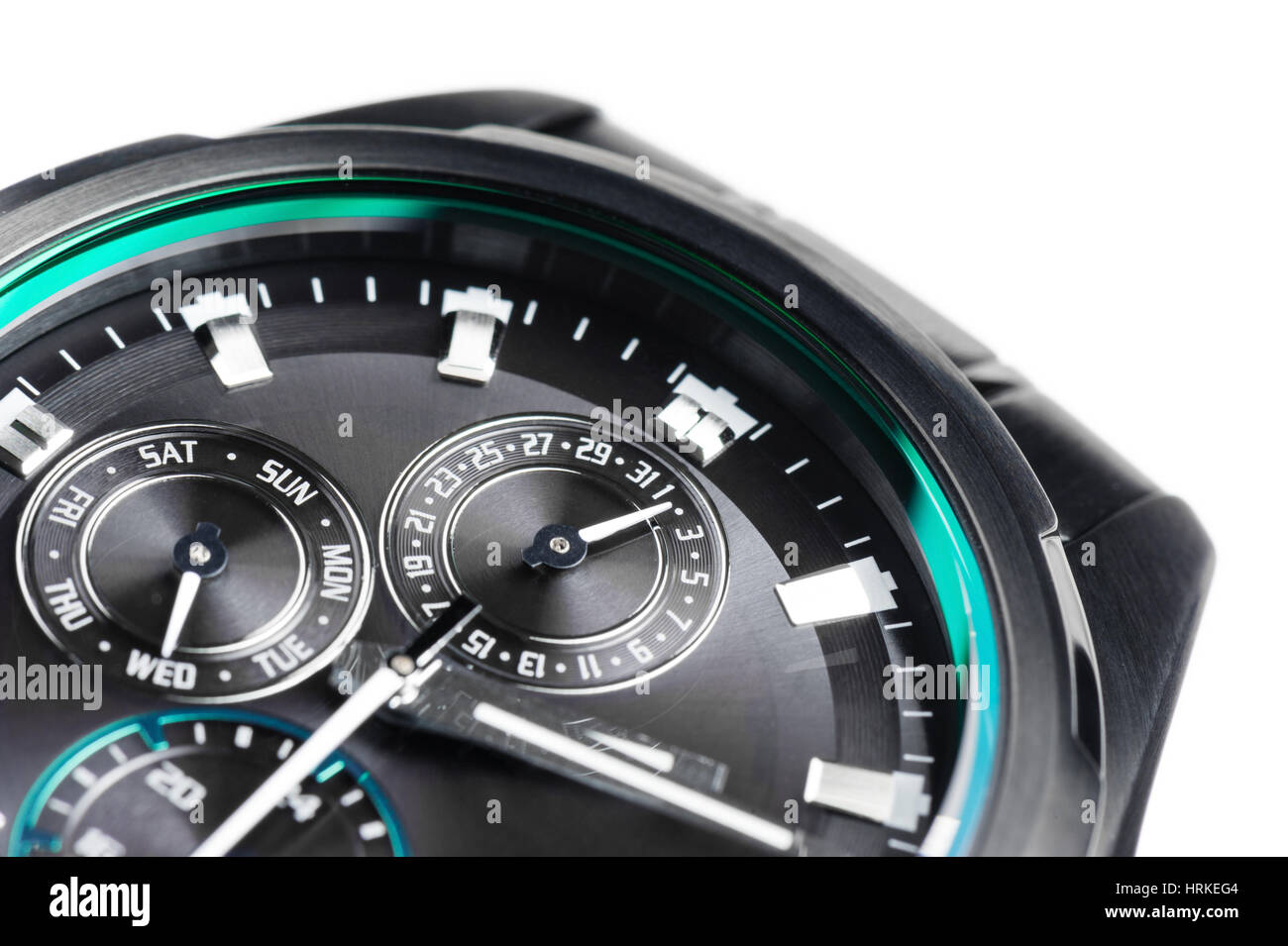 closeup date dial inside black men watch Stock Photo - Alamy