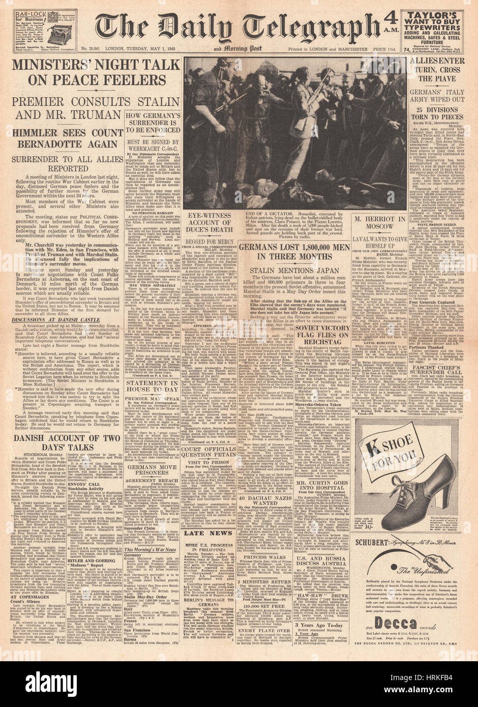 1945 Daily Telegraph front page reporting Himmler in Peace Negotiations ...