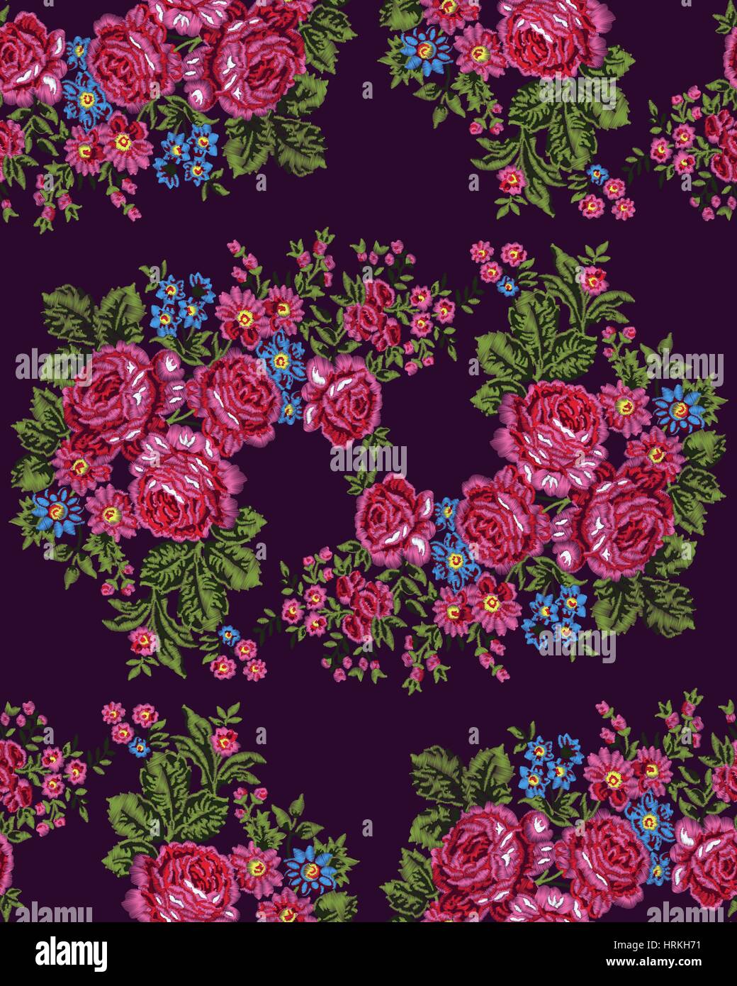 Seamless embroidered pattern. Luxurious pink roses on violet background ...