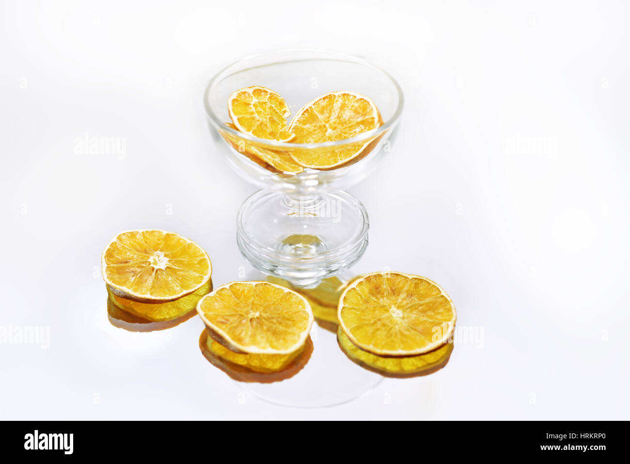 Glass dishes on mirror with reflection. Isolated on white background ...