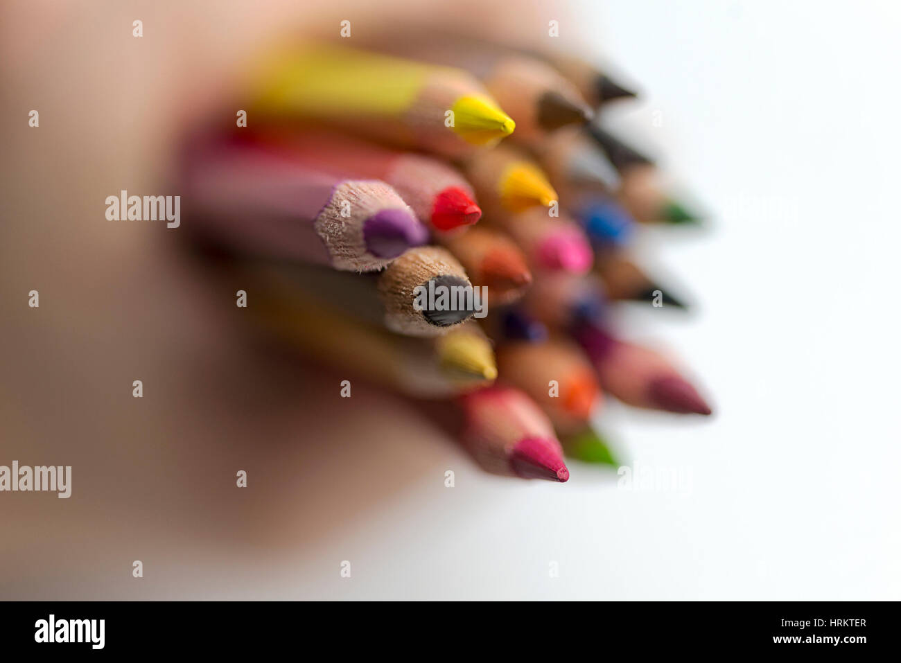 Hand holding colored pencils on white background Stock Photo - Alamy
