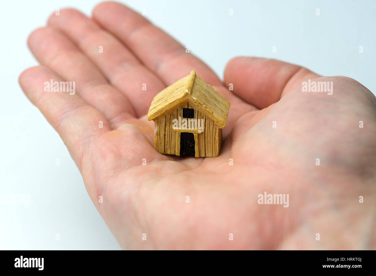 Hand holding a small house on a white background Stock Photo - Alamy