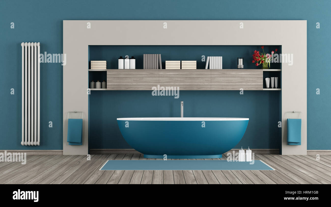 Blue modern bathroom with bathtub,shelves and vertical radiator - 3d ...