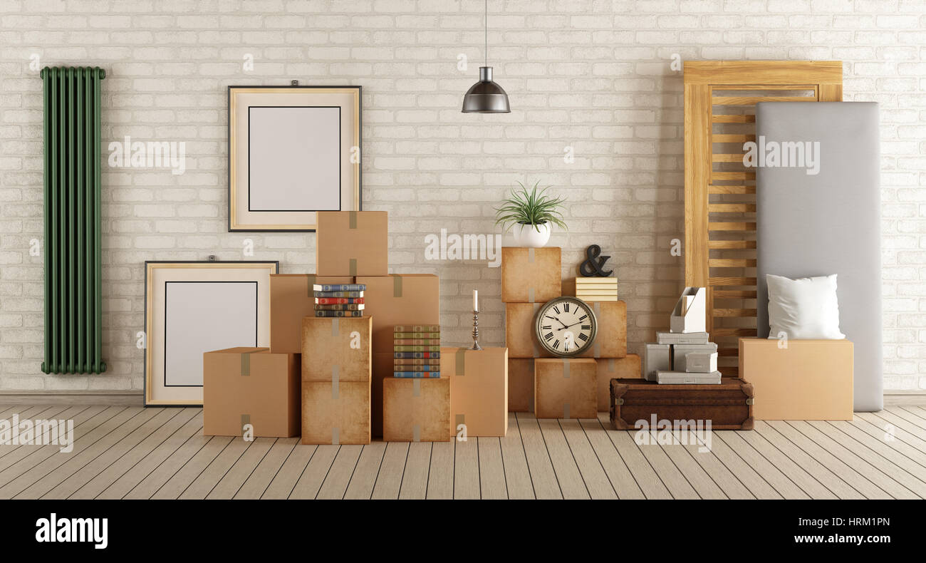 Interior moving house with cardboard boxes,bed and other objects - 3d ...