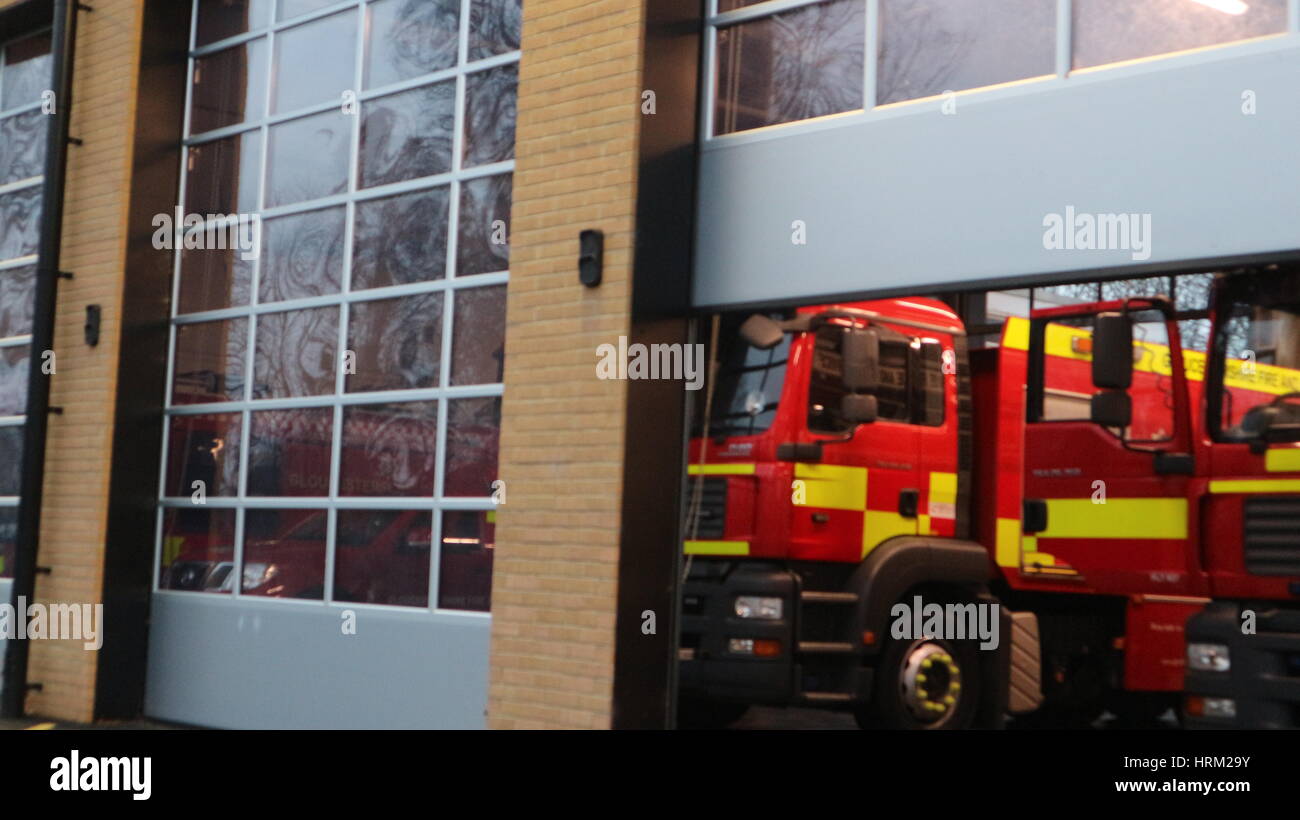 Fire engine inside a fire station with the door half open, Cheltenham ...