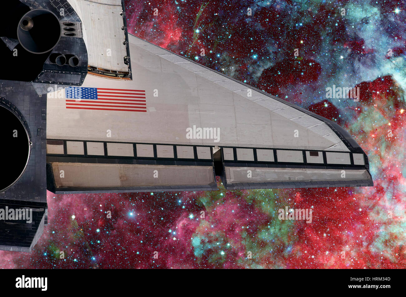 Space Shuttle flight over space stars, galaxies and nebula. Elements of ...