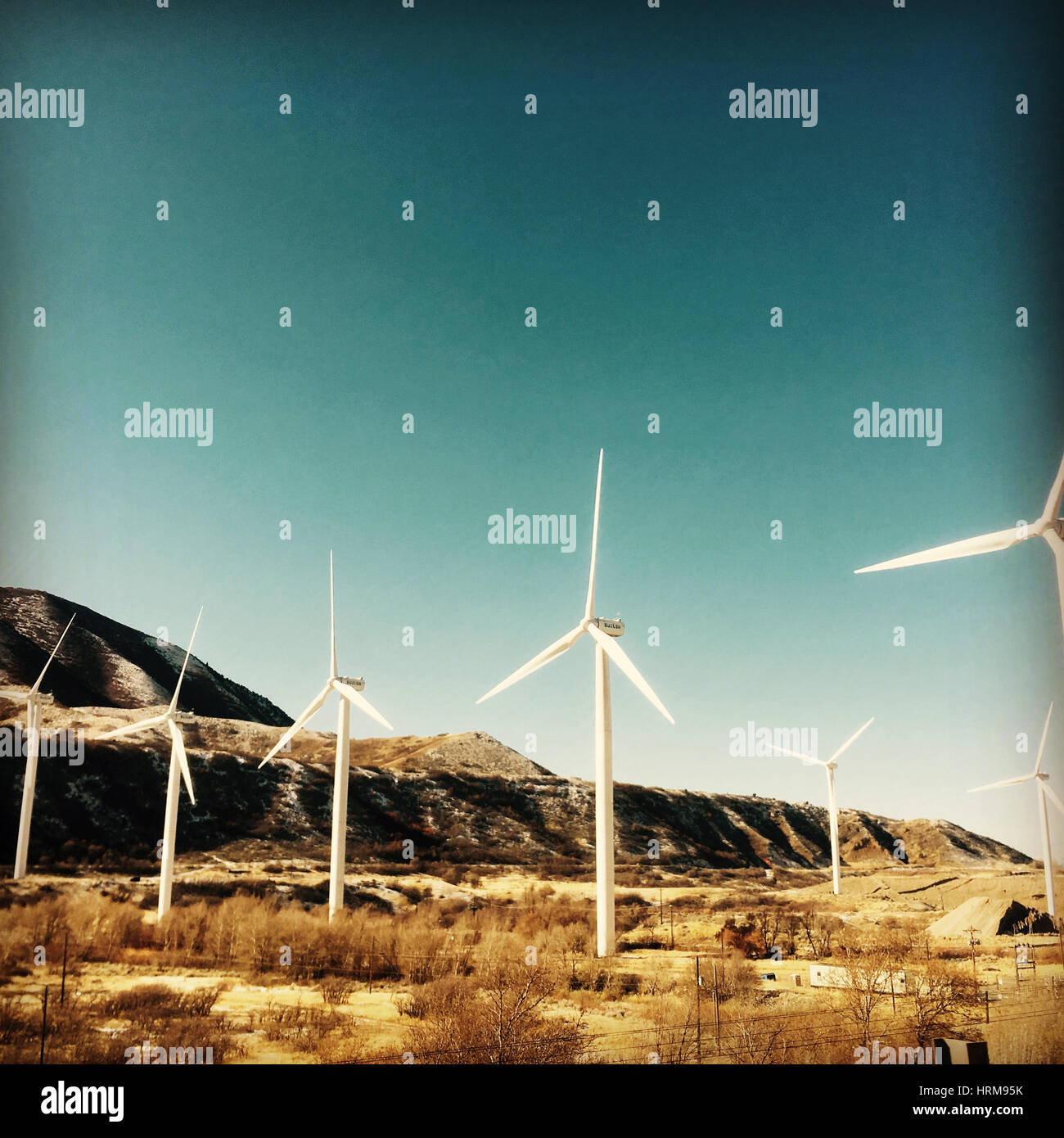 Wind turbines creating clean, renewable energy. Spanish Fork Canyon ...