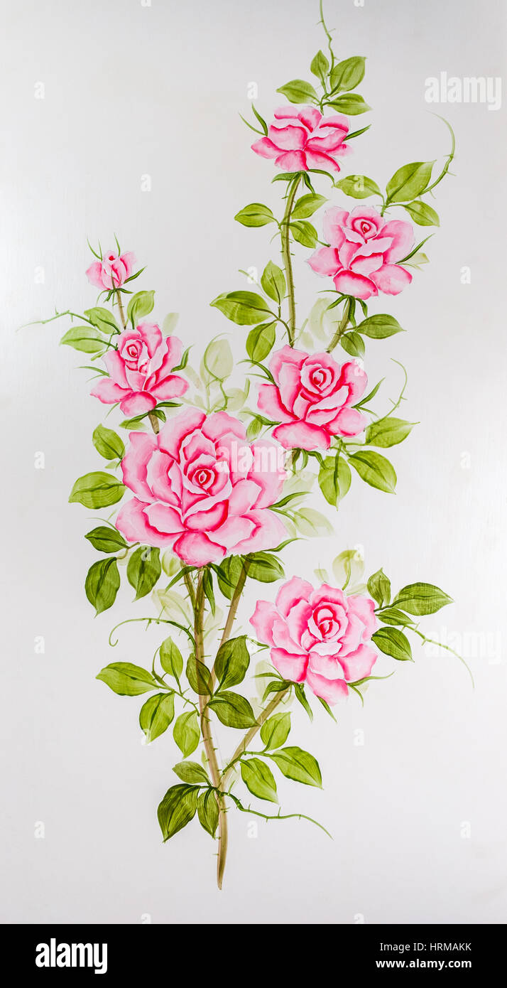 Closeup to Beautiful Pink Roses Painting on Wardrobe Surface Background ...