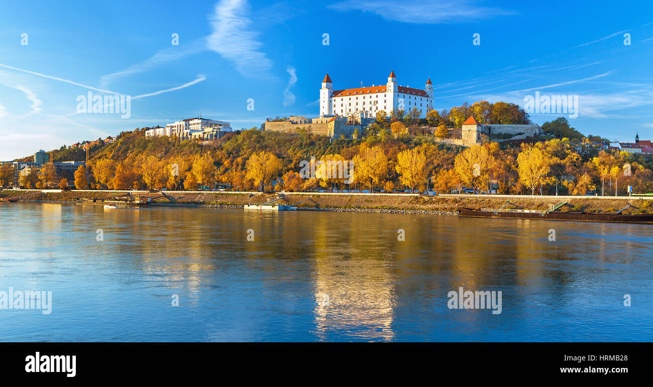 Bratislava castle,parliament and Danube river and beautiful fall day ...