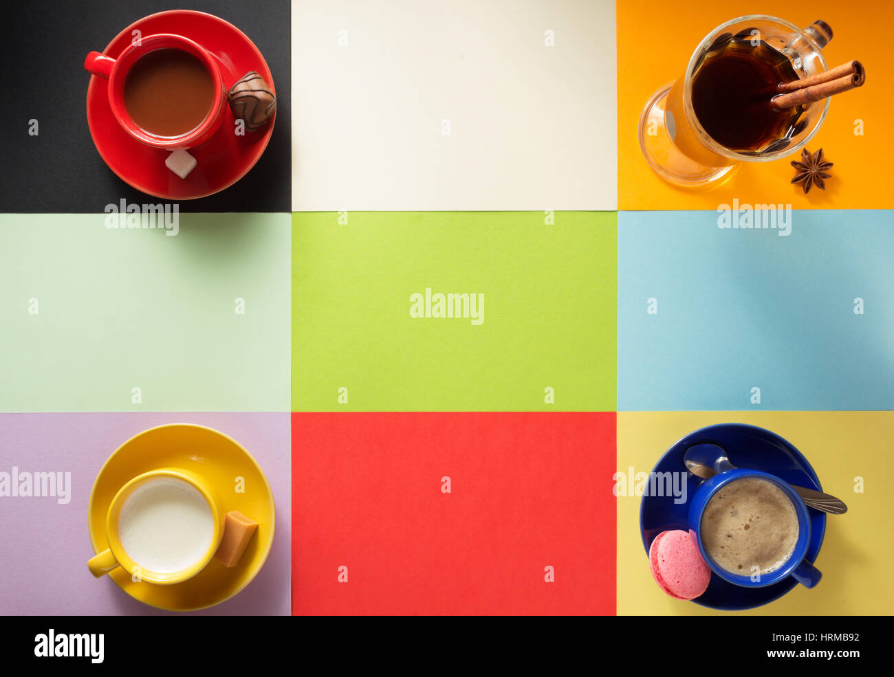 cup of coffee, milk and cacao at colorful background Stock Photo - Alamy