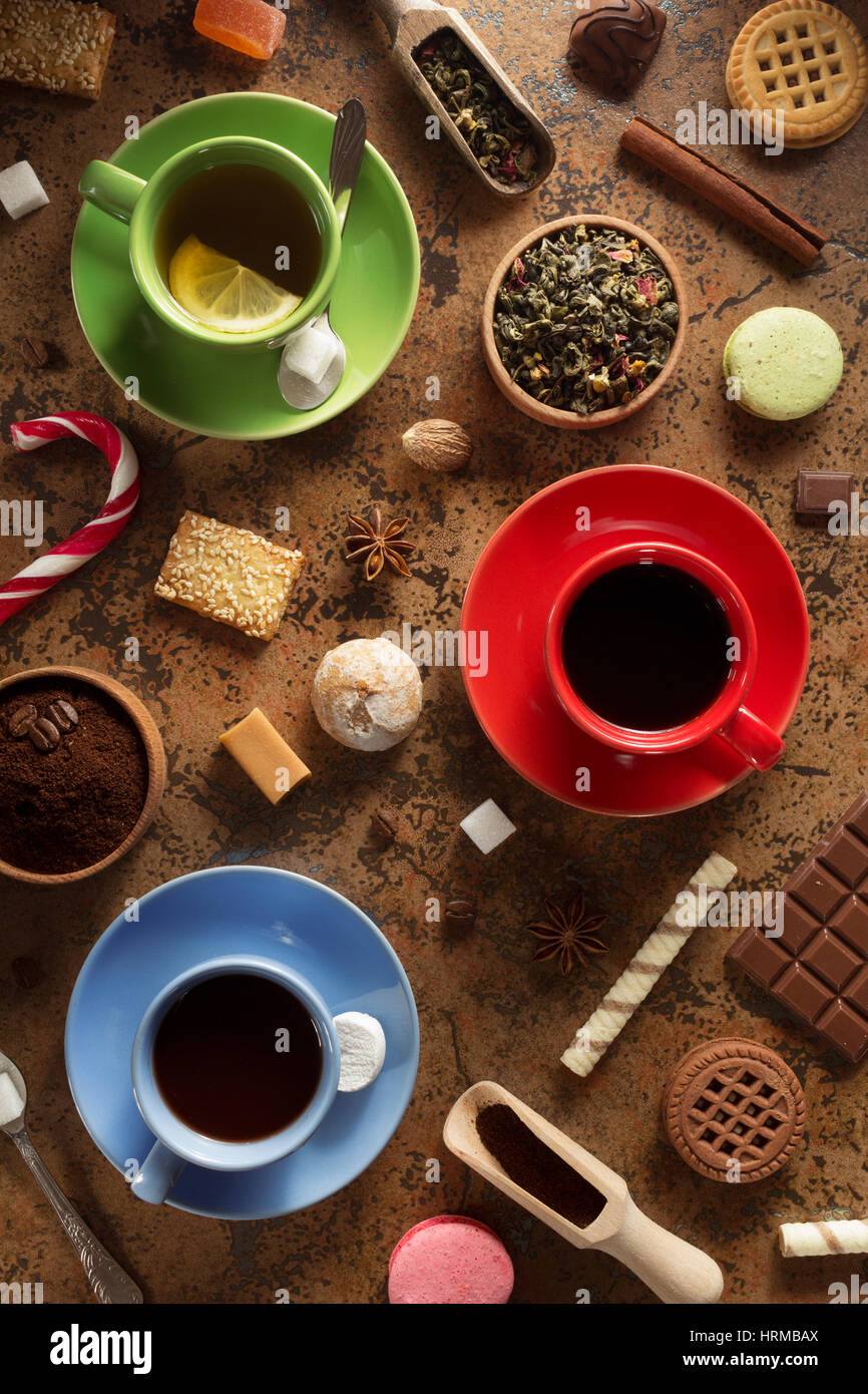 cup of coffee, tea and cacao at table Stock Photo - Alamy