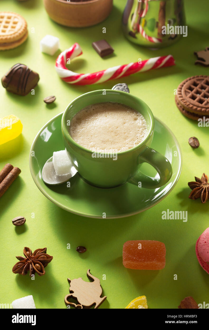cup of coffee at green background texture Stock Photo - Alamy