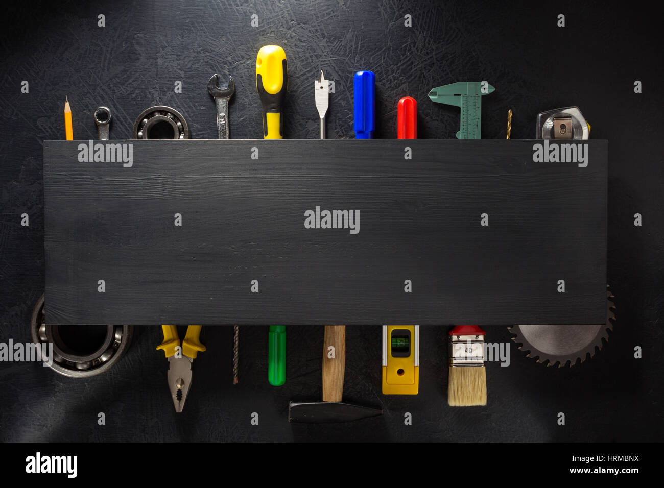 tools and instruments on black background Stock Photo - Alamy