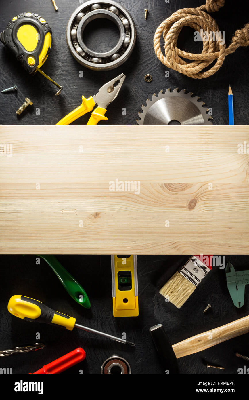 set of tools and instruments on black background Stock Photo - Alamy