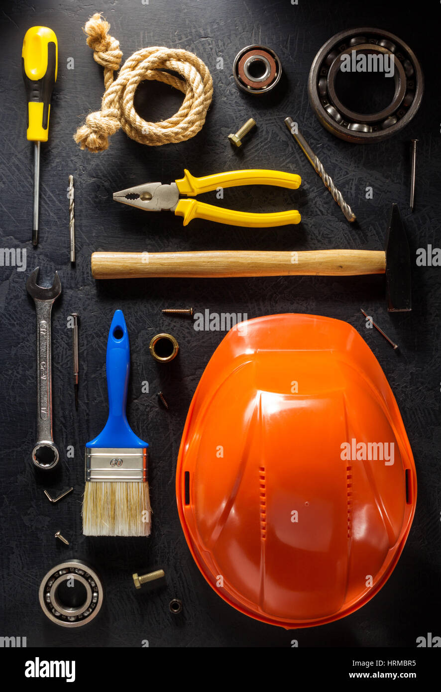 set of tools and instruments on black background Stock Photo - Alamy