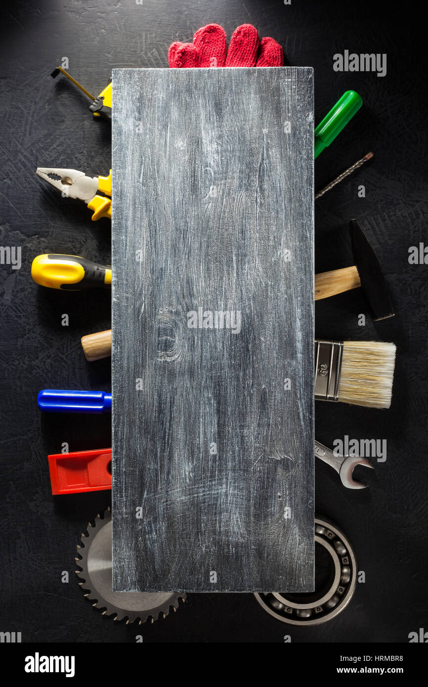 set of tools and instruments on black background Stock Photo - Alamy